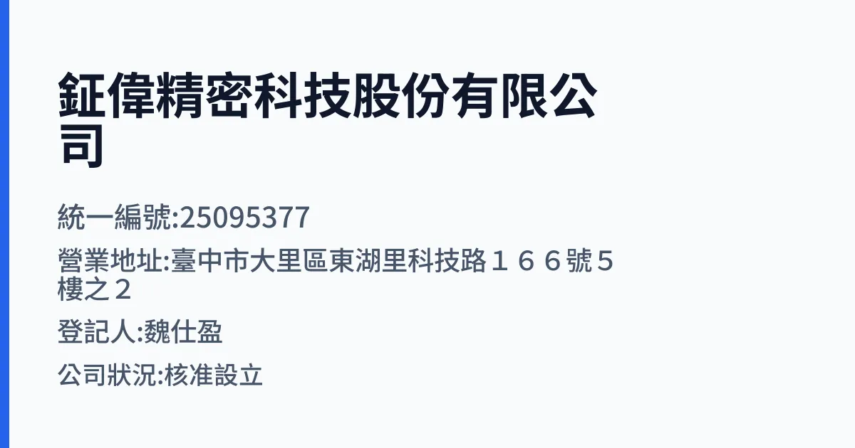鉦偉精密科技股份有限公司 - 統編 25095377(臺中市) 公司登記資料與營業項目詳細圖表