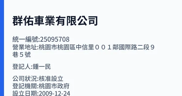 群佑車業有限公司的照片-統編 25095708(桃園市) 公司登記資料與營業項目詳細圖表