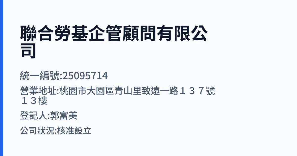 聯合勞基企管顧問有限公司 - 統編 25095714(桃園市) 公司登記資料與營業項目詳細圖表