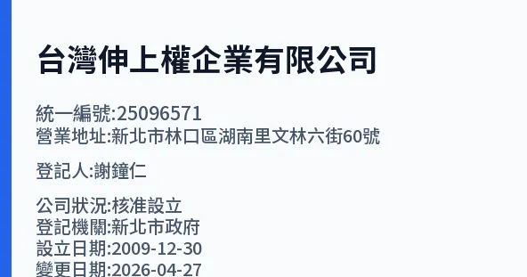 台灣伸上權企業有限公司的照片-統編 25096571(新北市) 公司登記資料與營業項目詳細圖表
