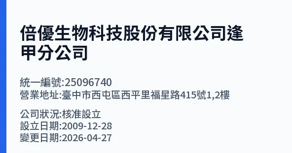 倍優生物科技股份有限公司逢甲分公司的照片-統編 25096740(臺中市) 公司登記資料與營業項目詳細圖表