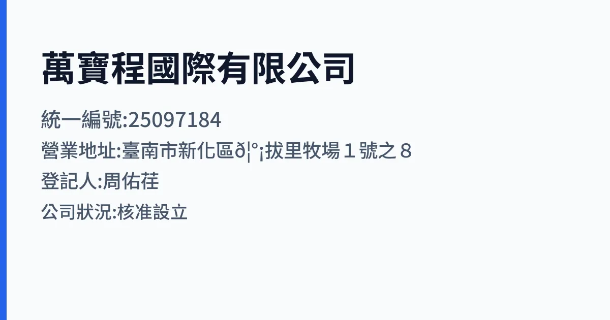 萬寶程國際有限公司 - 統編 25097184(臺南市) 公司登記資料與營業項目詳細圖表