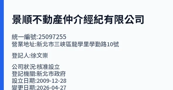 景順不動產仲介經紀有限公司的照片-統編 25097255(新北市) 公司登記資料與營業項目詳細圖表