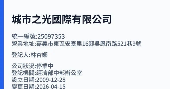 城市之光國際有限公司的照片-統編 25097353(嘉義市) 公司登記資料與營業項目詳細圖表