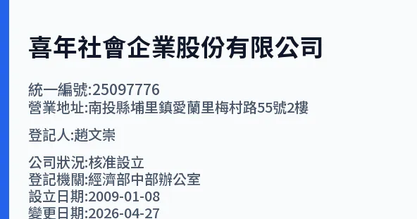 喜年社會企業股份有限公司的照片-統編 25097776(南投縣) 公司登記資料與營業項目詳細圖表