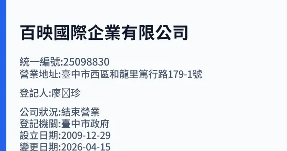 百映國際企業有限公司的照片-統編 25098830(臺中市) 公司登記資料與營業項目詳細圖表
