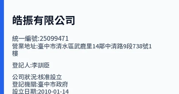 皓振有限公司的照片-統編 25099471(臺中市) 公司登記資料與營業項目詳細圖表