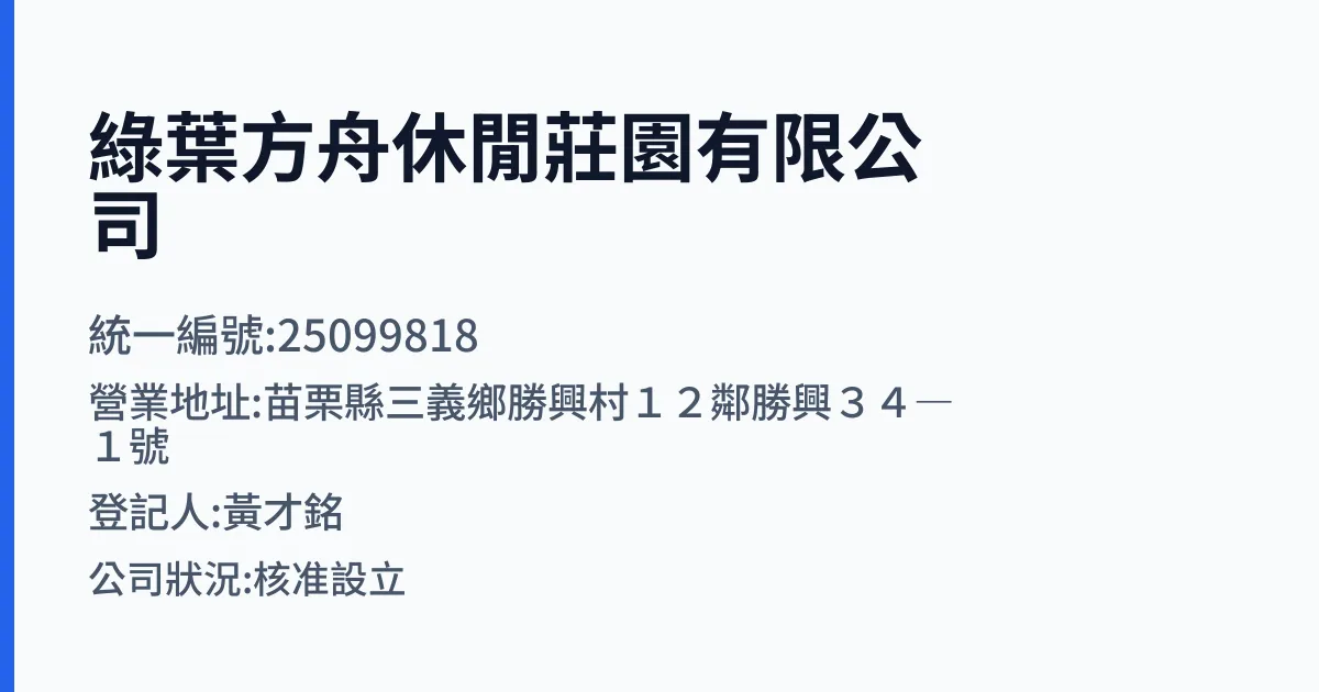 綠葉方舟休閒莊園有限公司 - 統編 25099818(苗栗縣) 公司登記資料與營業項目詳細圖表