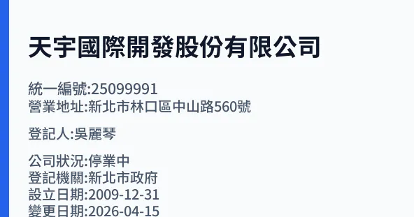 天宇國際開發股份有限公司的照片-統編 25099991(新北市) 公司登記資料與營業項目詳細圖表