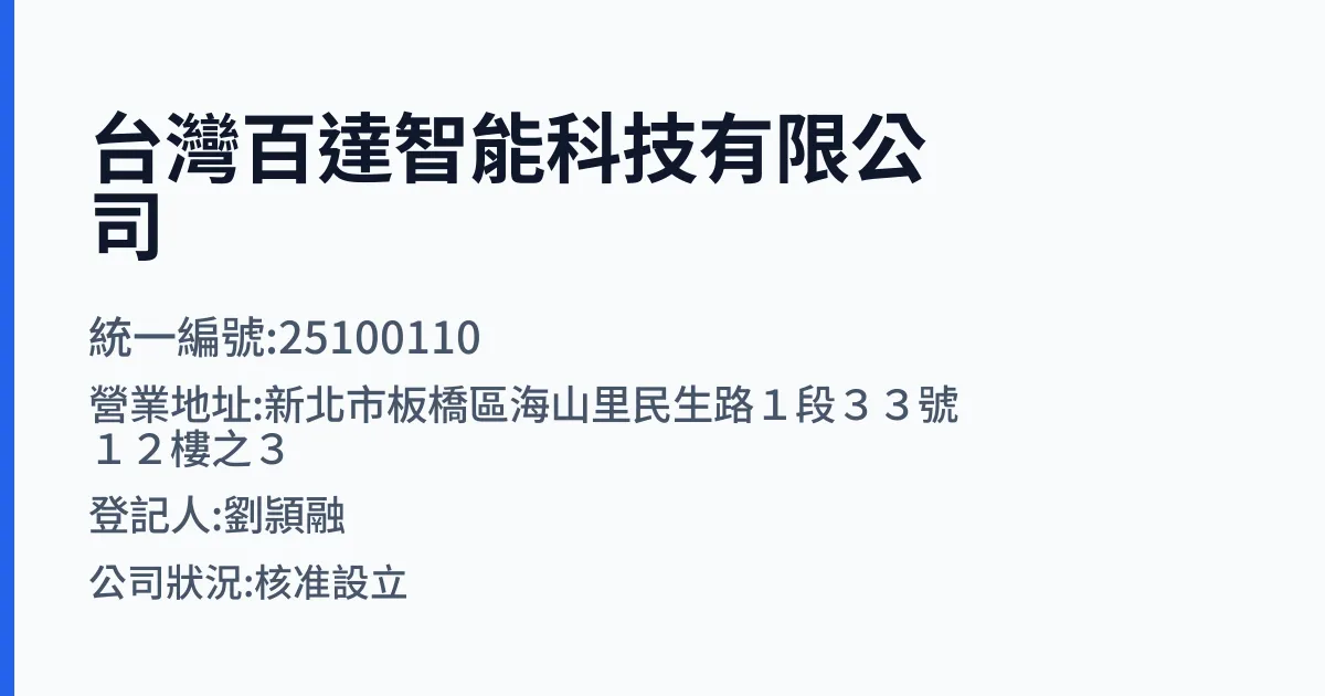 台灣百達智能科技有限公司 - 統編 25100110(新北市) 公司登記資料與營業項目詳細圖表