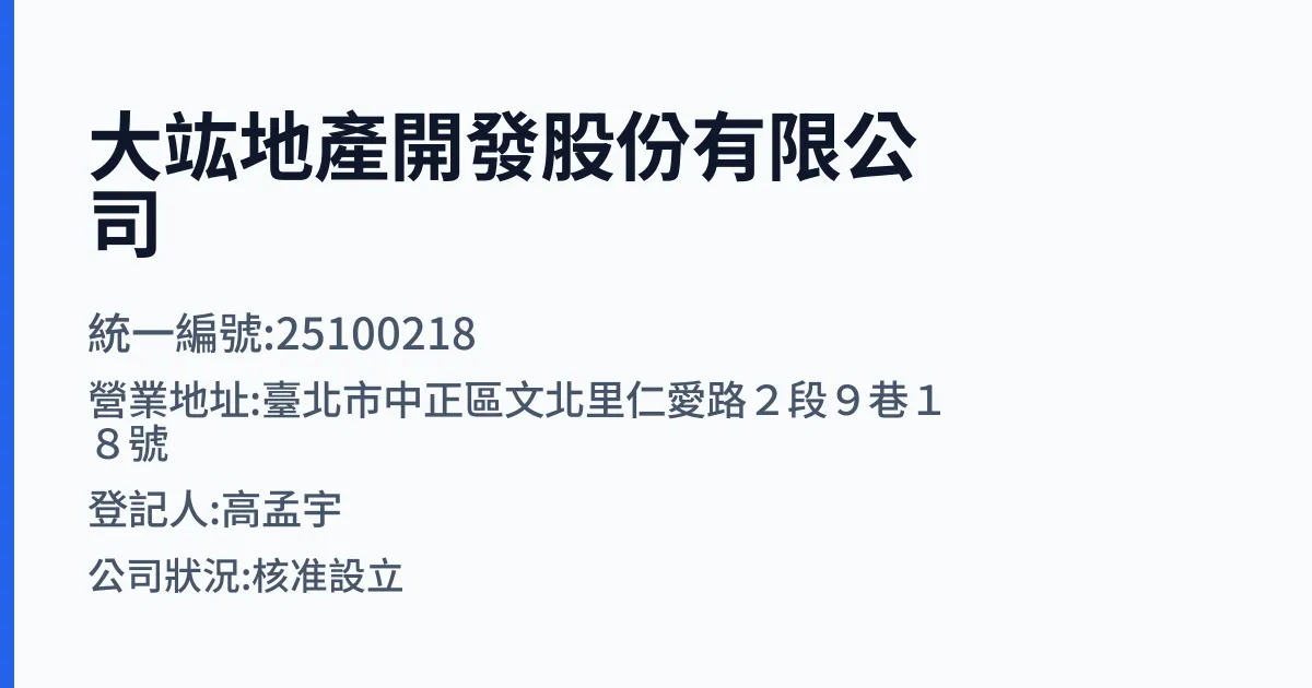 大竑地產開發股份有限公司 - 統編 25100218(臺北市) 公司登記資料與營業項目詳細圖表