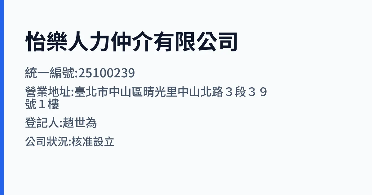 怡樂人力仲介有限公司 - 統編 25100239(臺北市) 公司登記資料與營業項目詳細圖表