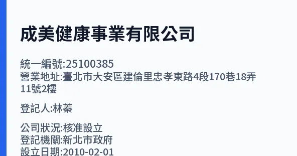 成美健康事業有限公司的照片-統編 25100385(臺北市) 公司登記資料與營業項目詳細圖表