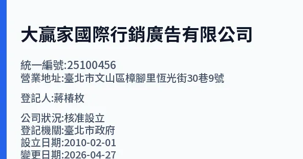 大贏家國際行銷廣告有限公司的照片-統編 25100456(臺北市) 公司登記資料與營業項目詳細圖表