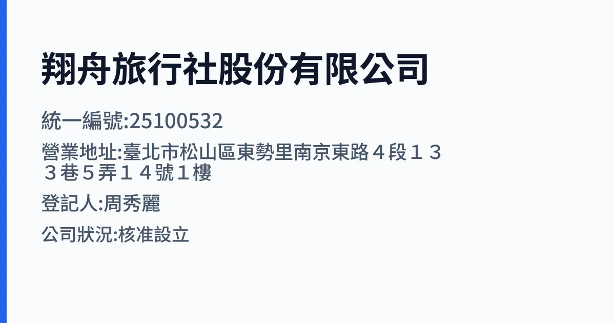 翔舟旅行社股份有限公司 - 統編 25100532(臺北市) 公司登記資料與營業項目詳細圖表