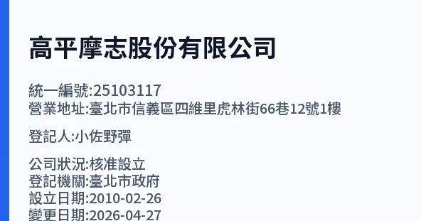 高平摩志股份有限公司的照片-統編 25103117(臺北市) 公司登記資料與營業項目詳細圖表