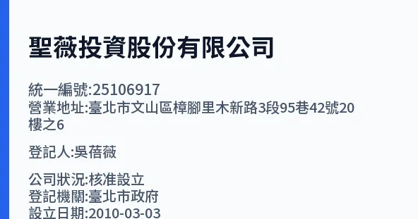 聖薇投資股份有限公司的照片-統編 25106917(臺北市) 公司登記資料與營業項目詳細圖表