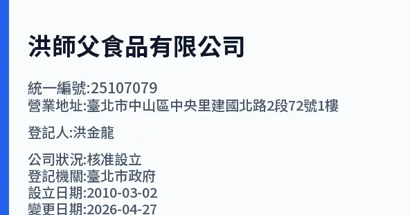 洪師父食品有限公司的照片-統編 25107079(臺北市) 公司登記資料與營業項目詳細圖表