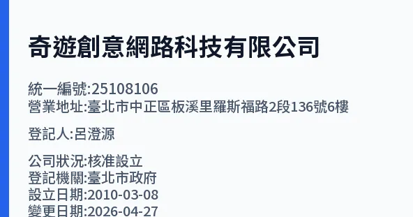 奇遊創意網路科技有限公司的照片-統編 25108106(臺北市) 公司登記資料與營業項目詳細圖表