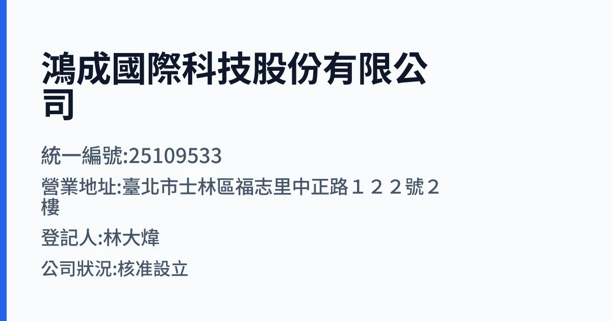鴻成國際科技股份有限公司 - 統編 25109533(臺北市) 公司登記資料與營業項目詳細圖表