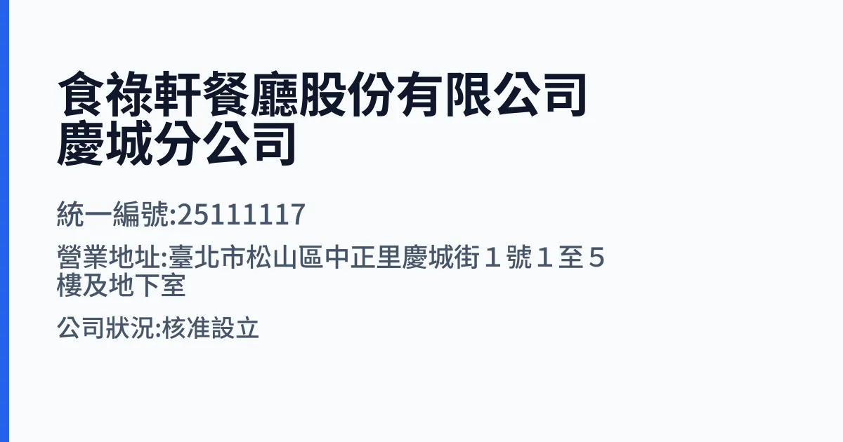 食祿軒餐廳股份有限公司慶城分公司 - 統編 25111117(臺北市) 公司登記資料與營業項目詳細圖表