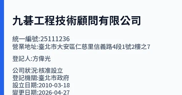 九碁工程技術顧問有限公司的照片-統編 25111236(臺北市) 公司登記資料與營業項目詳細圖表