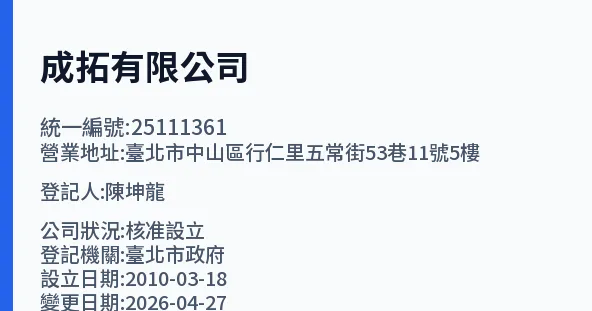 成拓有限公司的照片-統編 25111361(臺北市) 公司登記資料與營業項目詳細圖表