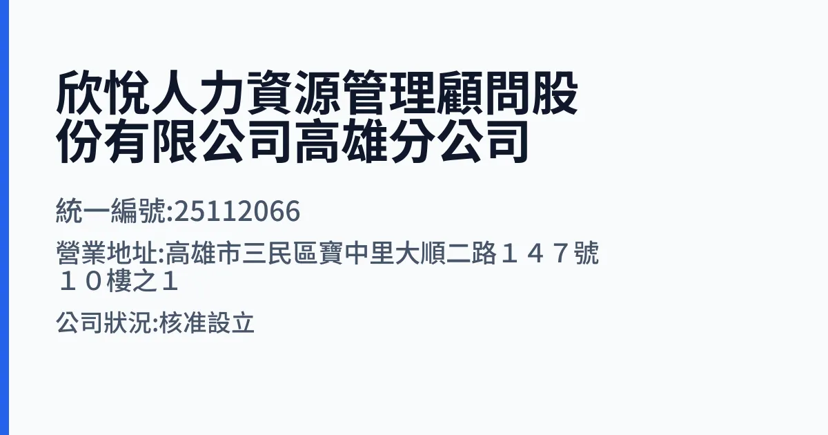 欣悅人力資源管理顧問股份有限公司高雄分公司 - 統編 25112066(高雄市) 公司登記資料與營業項目詳細圖表