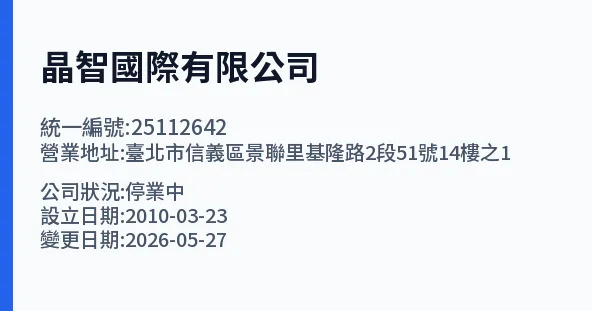晶智國際有限公司的照片-統編 25112642(臺北市) 公司登記資料與營業項目詳細圖表