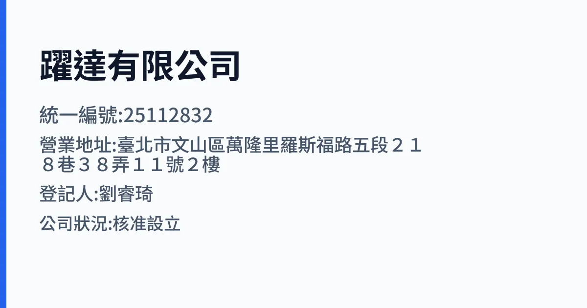 躍達有限公司 - 統編 25112832(臺北市) 公司登記資料與營業項目詳細圖表