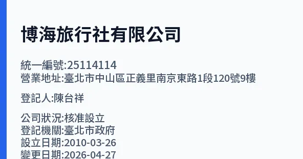 博海旅行社有限公司的照片-統編 25114114(臺北市) 公司登記資料與營業項目詳細圖表