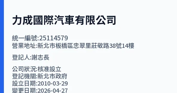 力成國際汽車有限公司的照片-統編 25114579(新北市) 公司登記資料與營業項目詳細圖表