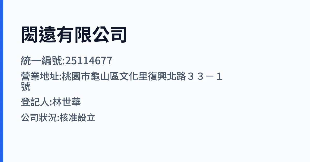 閎遠有限公司 - 統編 25114677(桃園市) 公司登記資料與營業項目詳細圖表