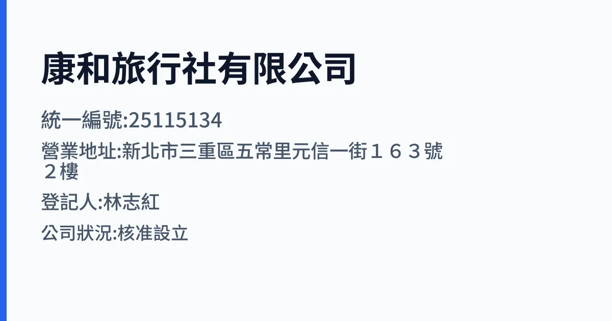 康和旅行社有限公司 - 統編 25115134(新北市) 公司登記資料與營業項目詳細圖表