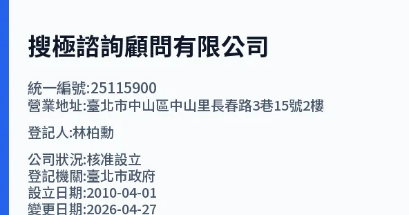 搜極諮詢顧問有限公司的照片-統編 25115900(臺北市) 公司登記資料與營業項目詳細圖表