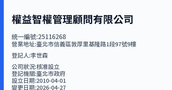權益智權管理顧問有限公司的照片-統編 25116268(臺北市) 公司登記資料與營業項目詳細圖表