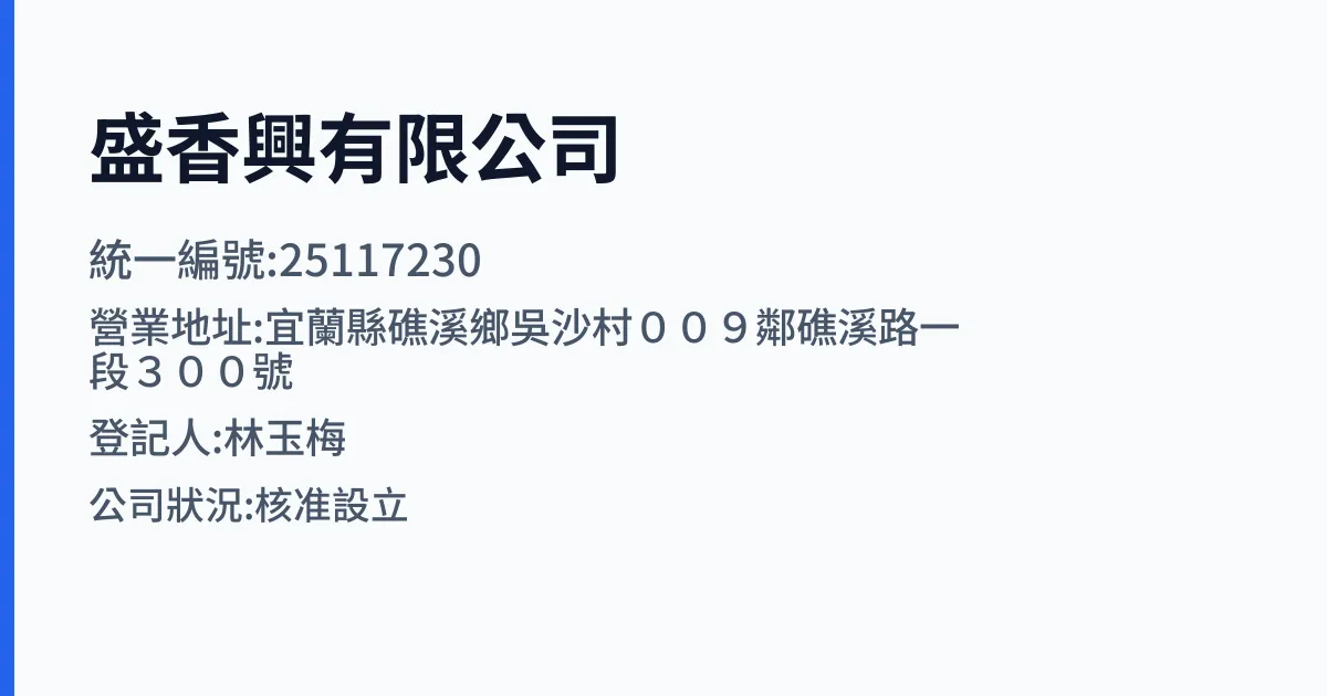 盛香興有限公司 - 統編 25117230(新北市) 公司登記資料與營業項目詳細圖表
