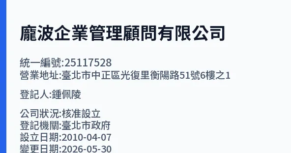 龐波企業管理顧問有限公司的照片-統編 25117528(臺北市) 公司登記資料與營業項目詳細圖表