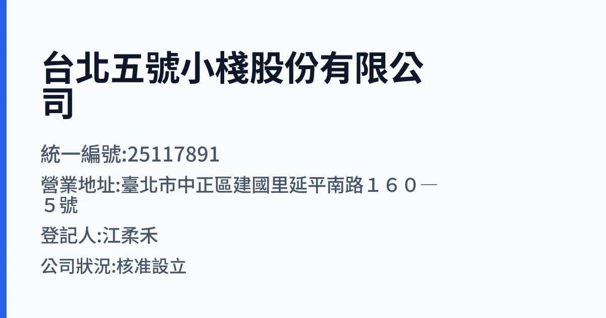 台北五號小棧股份有限公司 - 統編 25117891(臺北市) 公司登記資料與營業項目詳細圖表