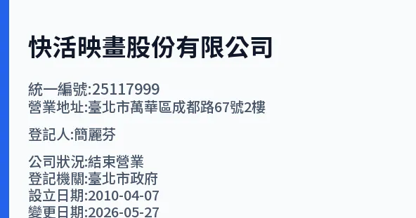 快活映畫股份有限公司的照片-統編 25117999(臺北市) 公司登記資料與營業項目詳細圖表