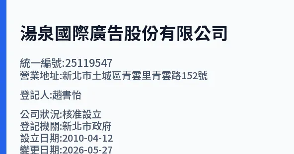 湯泉國際廣告股份有限公司的照片-統編 25119547(新北市) 公司登記資料與營業項目詳細圖表