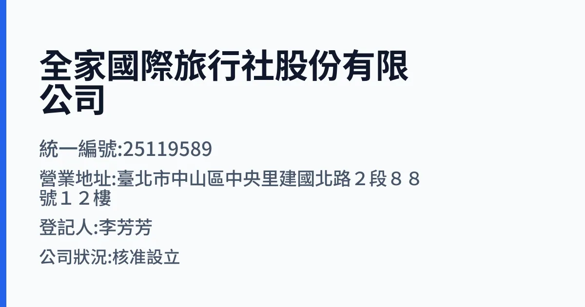 全家國際旅行社股份有限公司 - 統編 25119589(臺北市) 公司登記資料與營業項目詳細圖表