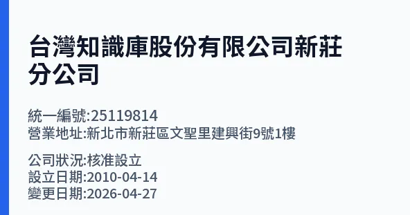 台灣知識庫股份有限公司新莊分公司的照片-統編 25119814(新北市) 公司登記資料與營業項目詳細圖表