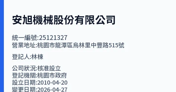 安旭機械股份有限公司的照片-統編 25121327(桃園市) 公司登記資料與營業項目詳細圖表