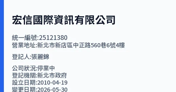 宏信國際資訊有限公司的照片-統編 25121380(新北市) 公司登記資料與營業項目詳細圖表