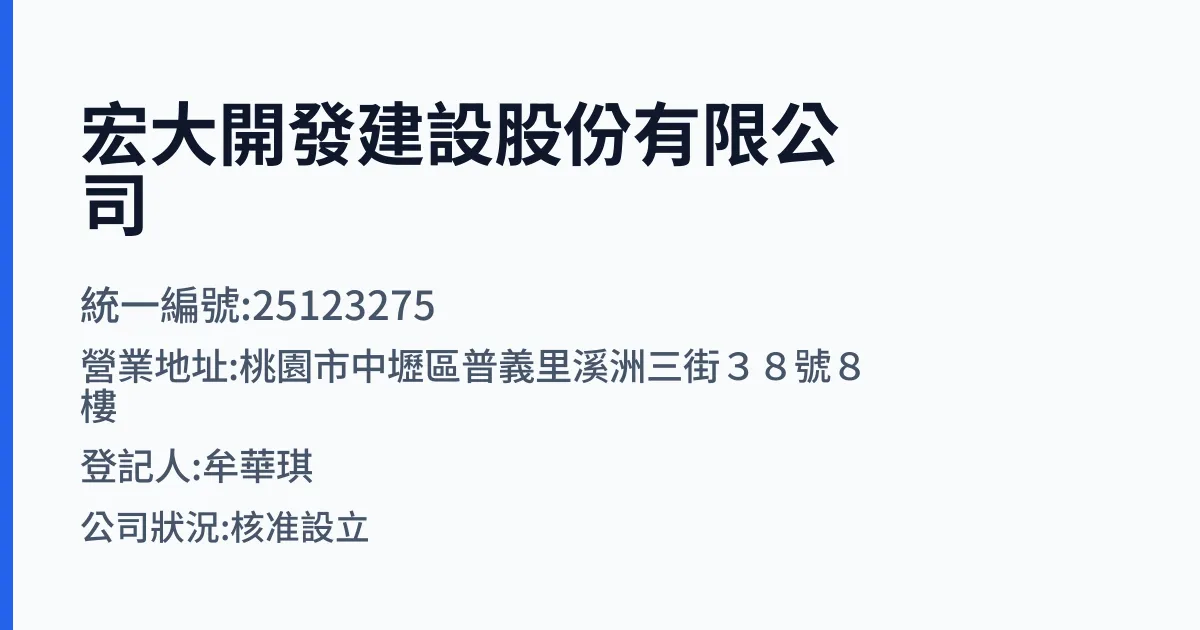 宏大開發建設股份有限公司 - 統編 25123275(桃園市) 公司登記資料與營業項目詳細圖表