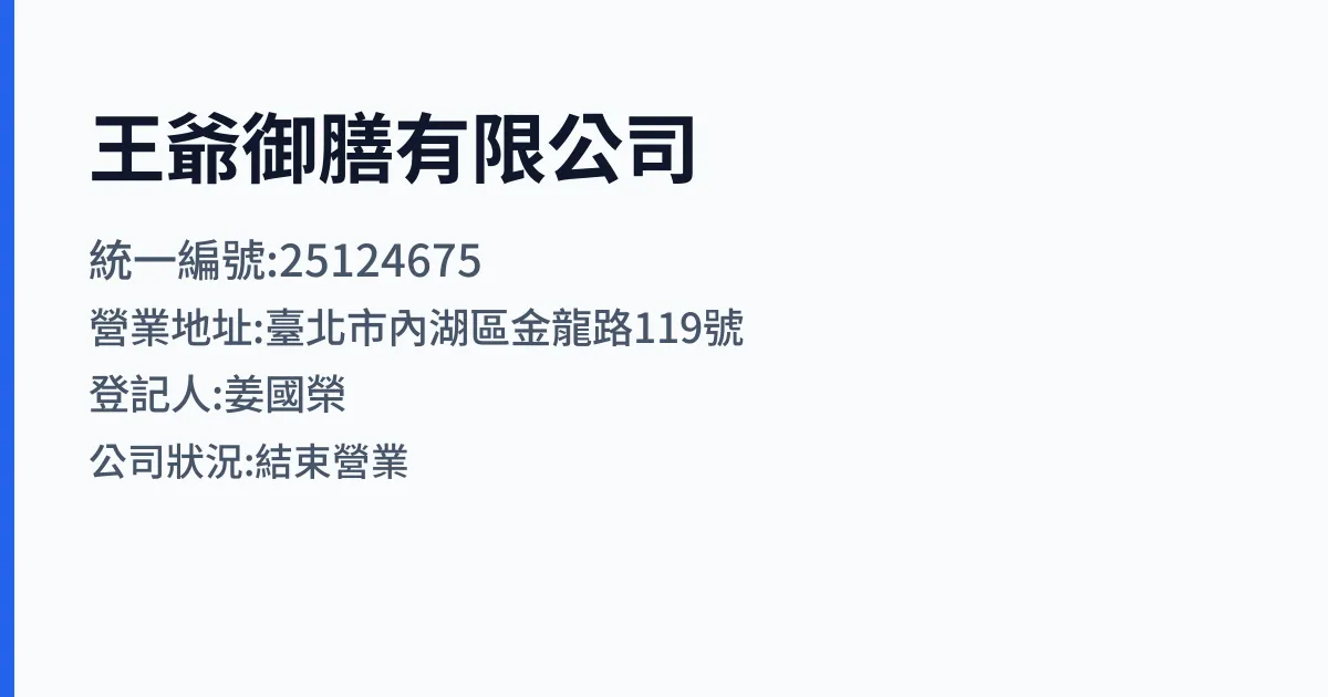 王爺御膳有限公司 - 統編 25124675(臺北市) 公司登記資料與營業項目詳細圖表