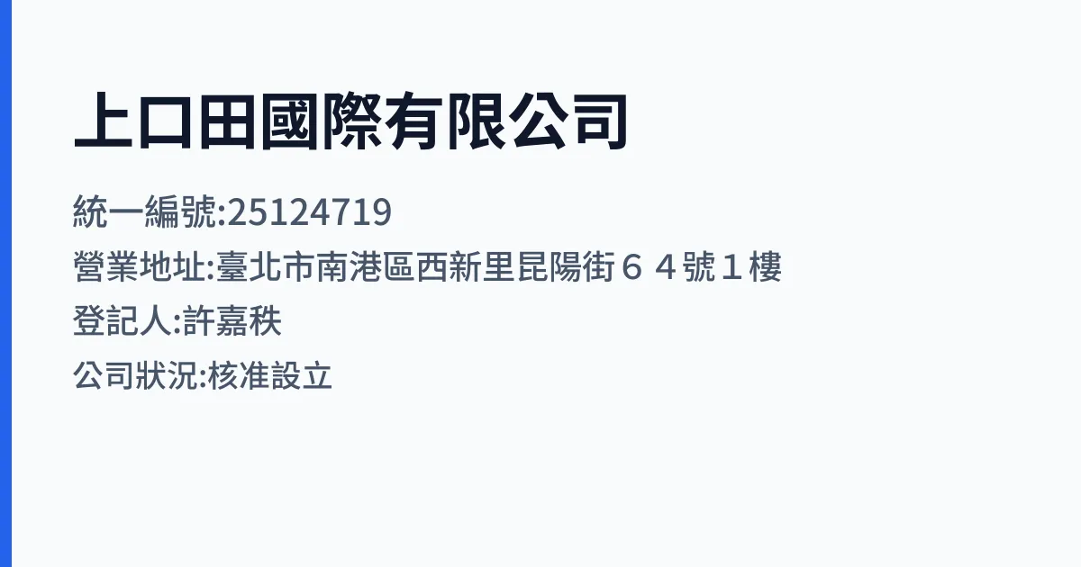 上口田國際有限公司 - 統編 25124719(臺北市) 公司登記資料與營業項目詳細圖表