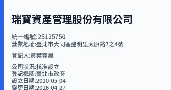 瑞寶資產管理股份有限公司的照片-統編 25125750(臺北市) 公司登記資料與營業項目詳細圖表