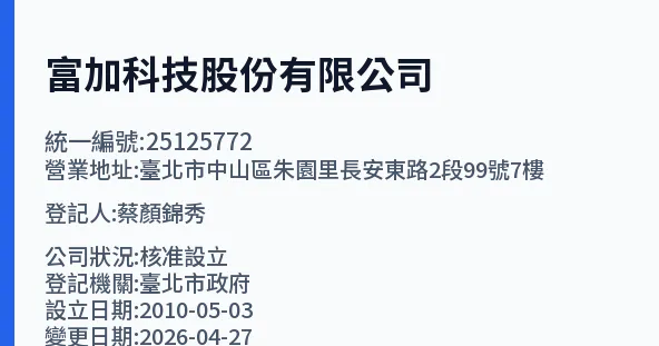 富加科技股份有限公司的照片-統編 25125772(臺北市) 公司登記資料與營業項目詳細圖表